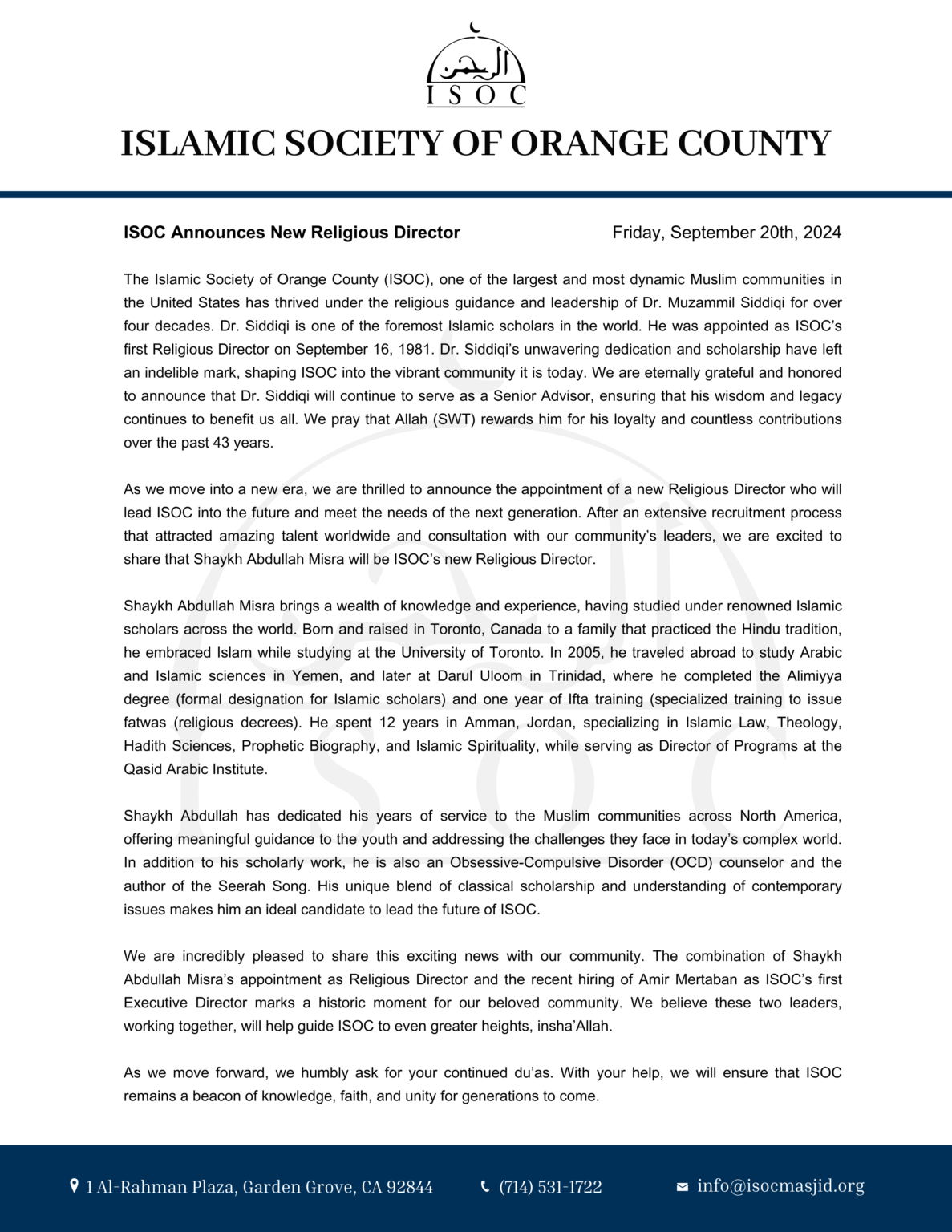 Shaykh Abdullah Misra – Islamic Society of Orange County